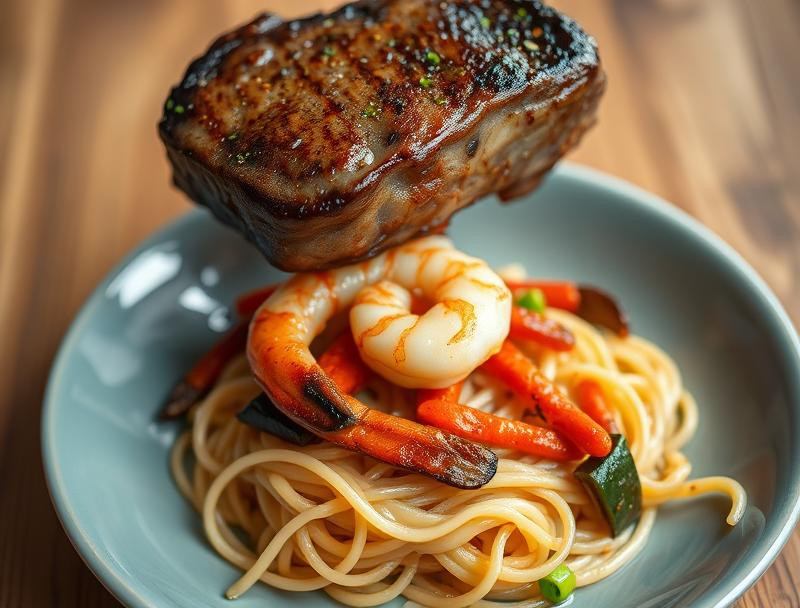 Pan Seared Steak and Succulent Shrimp Dance Upon a Bed of Delicate ...